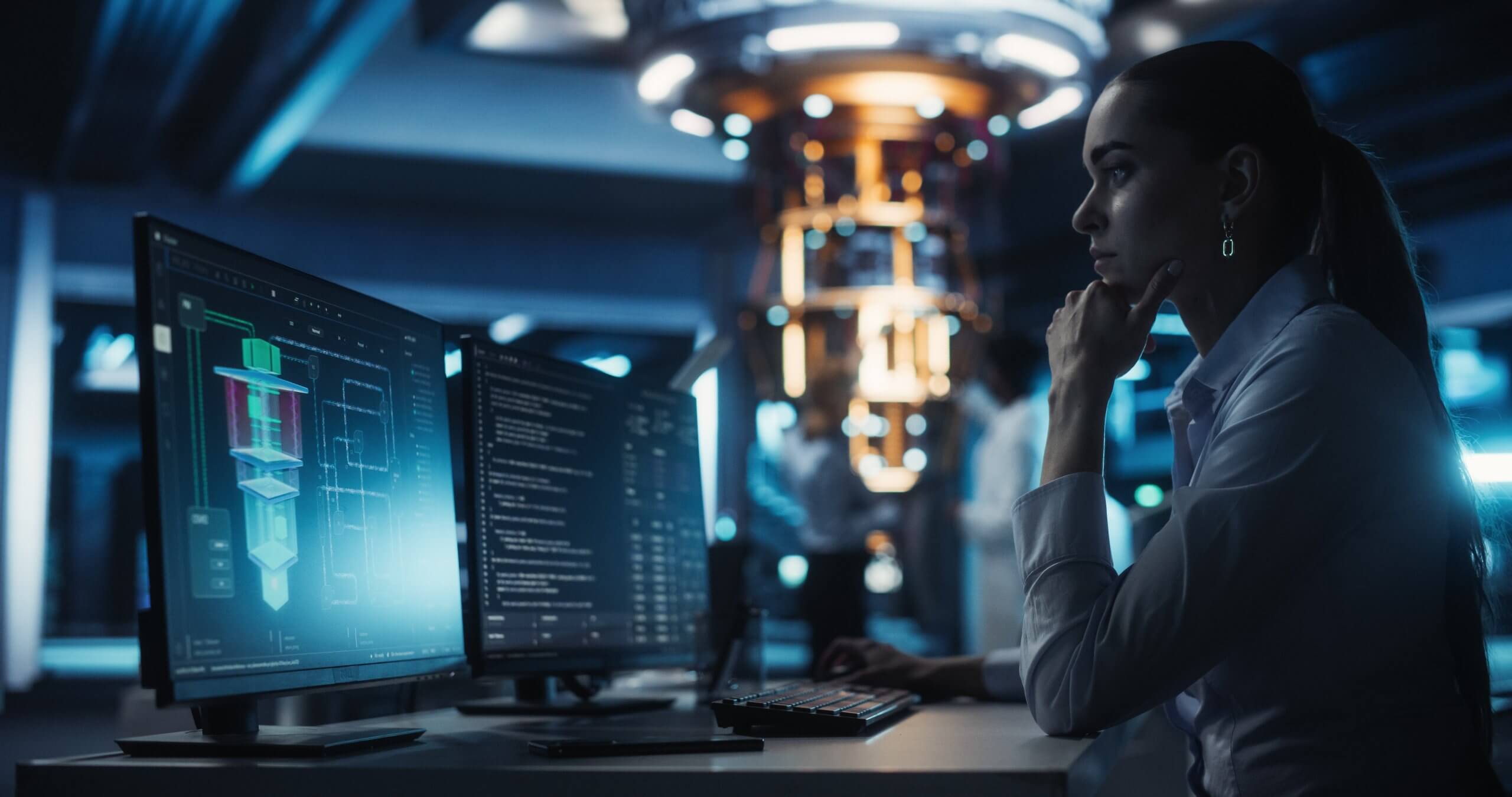 A woman in a high-tech lab studies AI data on dual monitors, with ...